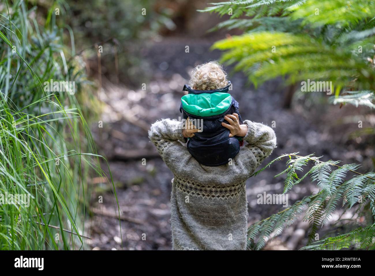 mother giving child a piggyback ride in the forest Stock Photo - Alamy