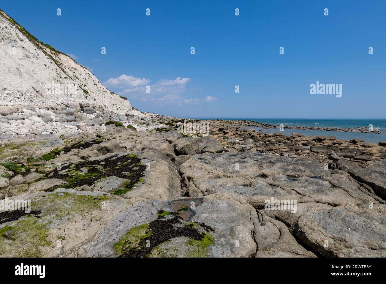 The rocky coast and chalk cliffs between Beachy Head and Eastbourne in ...
