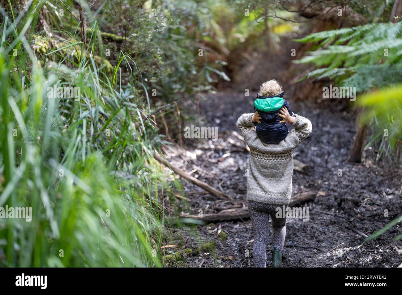 mother giving child a piggyback ride in the forest Stock Photo - Alamy