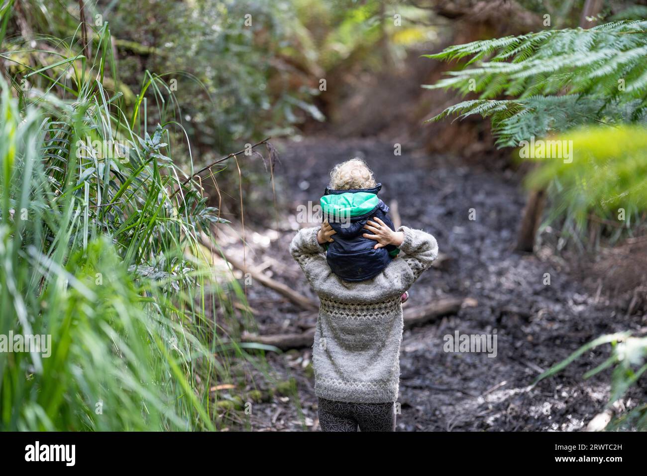 mother giving child a piggyback ride in the forest Stock Photo - Alamy