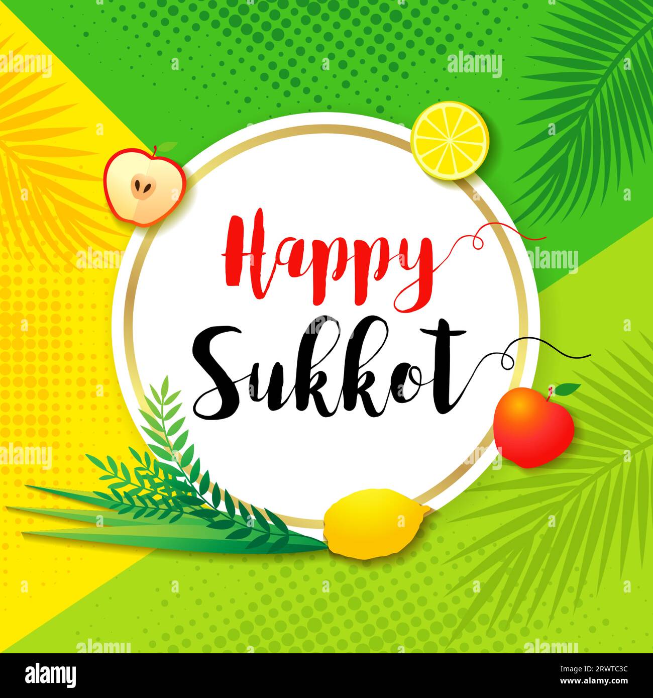 Happy Sukkot card with etrog, lulav, apple and palm leaf. Jewish ...