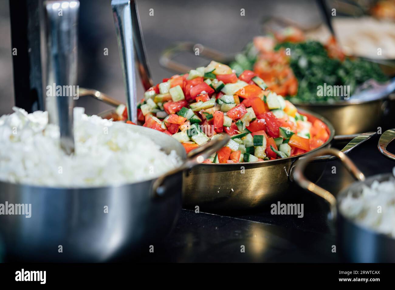 Variety if Israeli food served with salad pita bread and appetizers ...