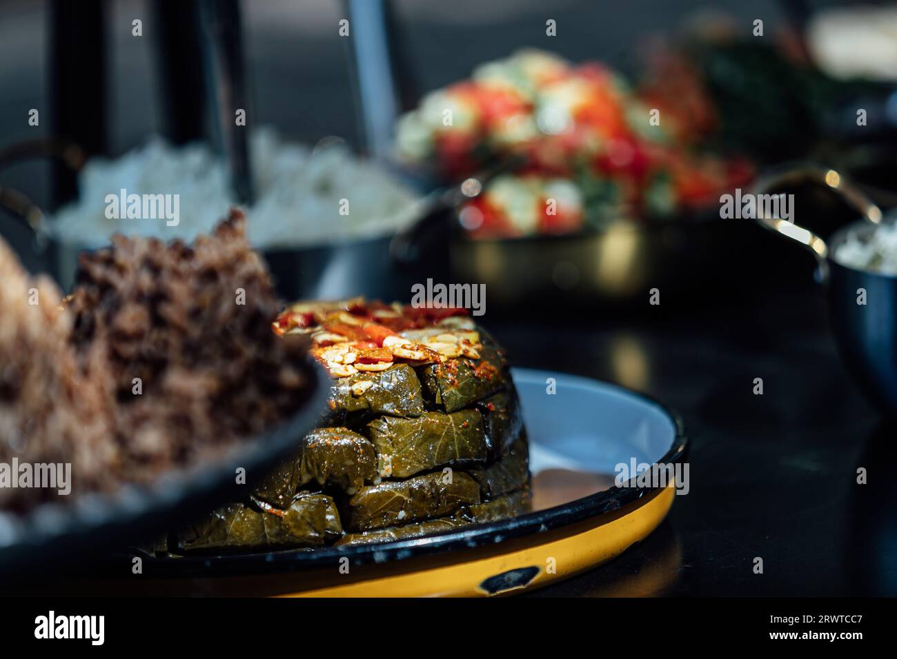 Variety if Israeli food served with salad pita bread and appetizers ...