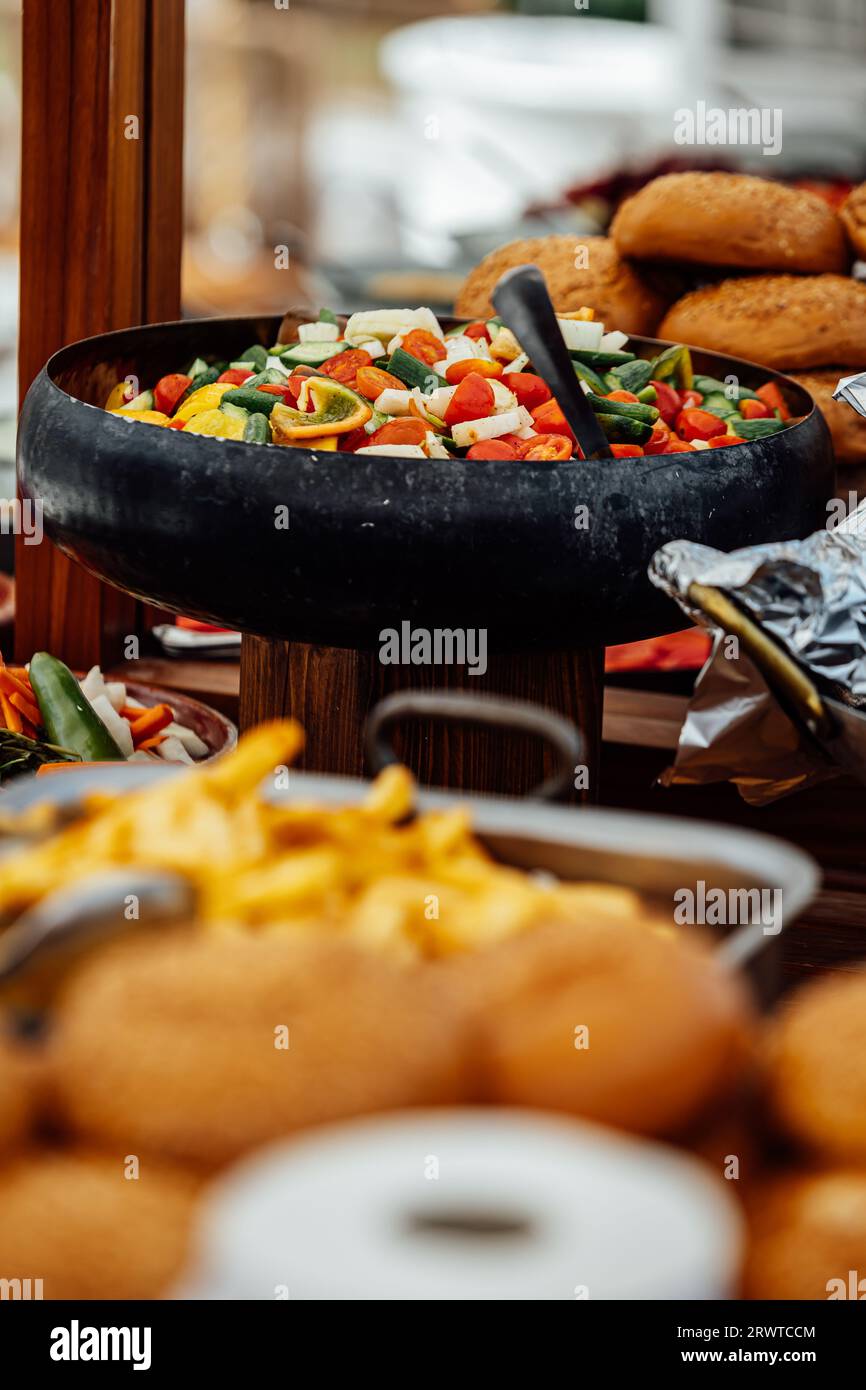 Variety if Israeli food served with salad pita bread and appetizers ...
