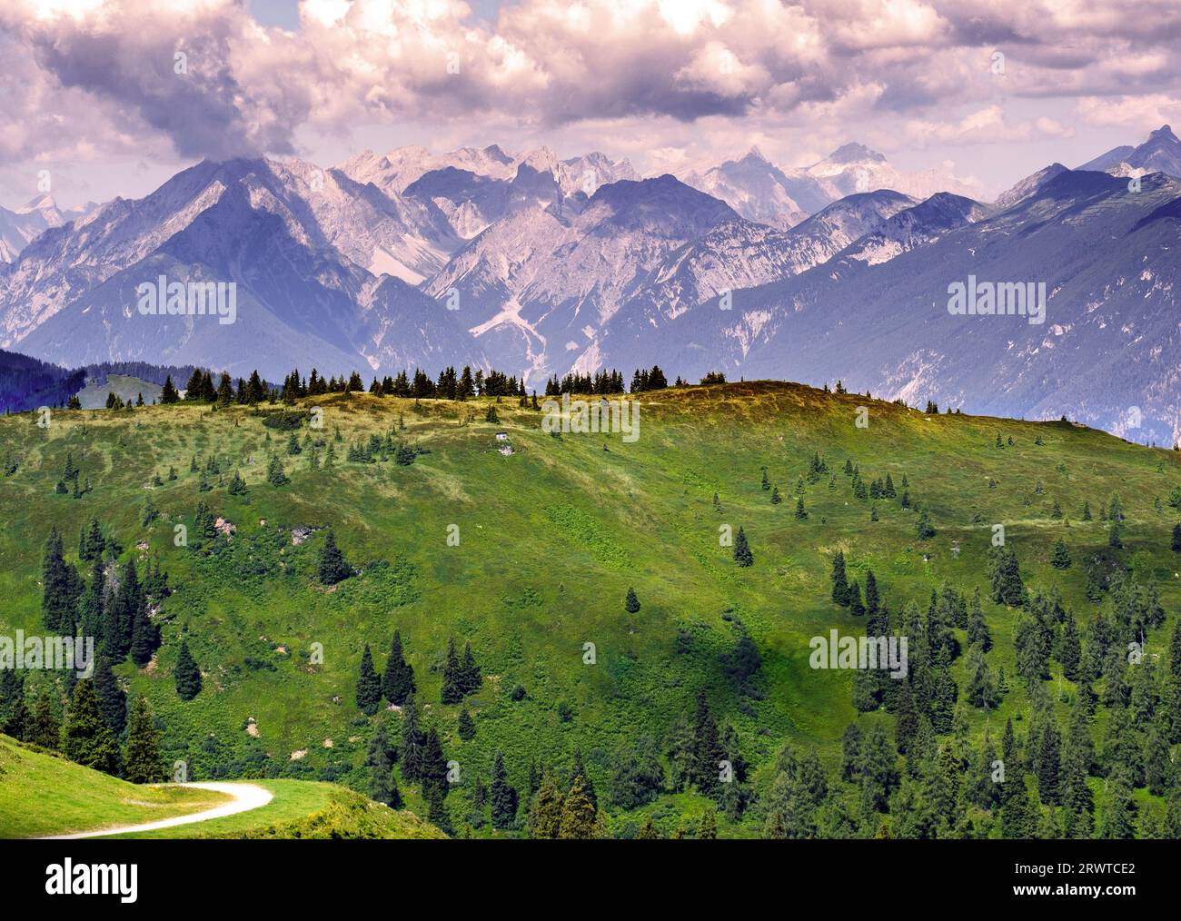 Fields with trees, tall mountain peaks, cloudy sky. Alpbachal Valley ...