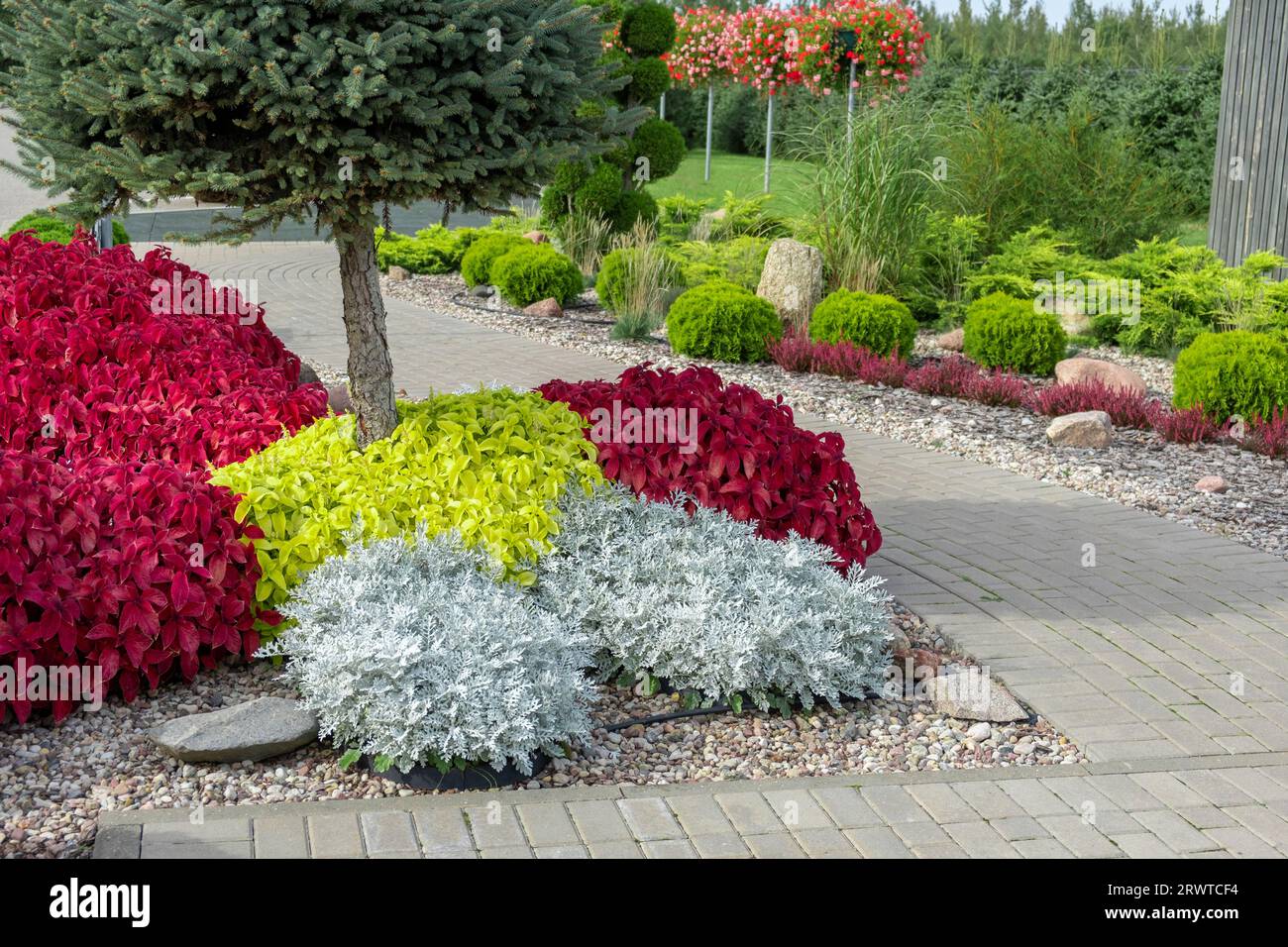 Frontyard with Paver Walkway. Beautiful Garden path made of natural ...