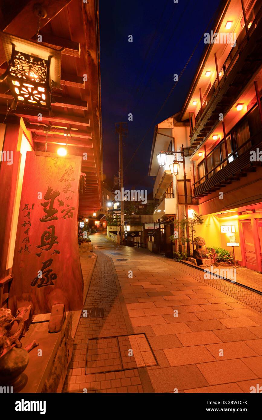 Night view of the Kanaguya of Shibu Onsen and other hot spring resorts ...