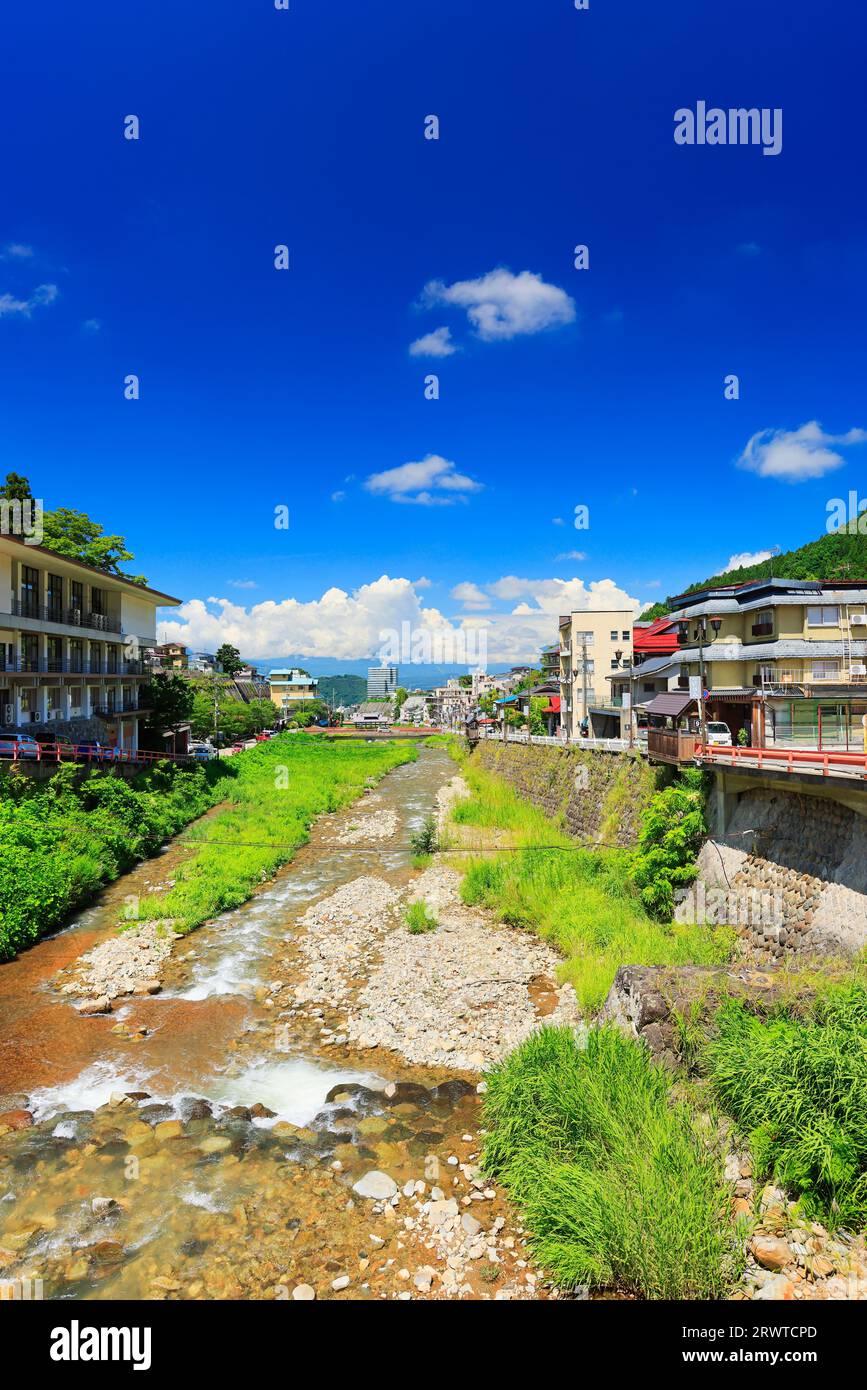 Shibu Onsen and the Yokoyu River viewed from the Wago Bridge Stock ...
