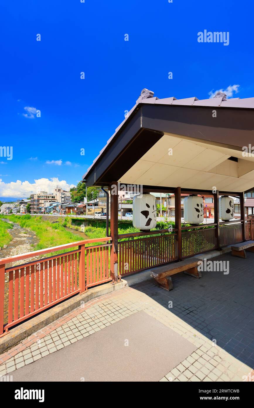 The large lantern of the Shibu Oyu bridge of Shibu Onsen Stock Photo ...