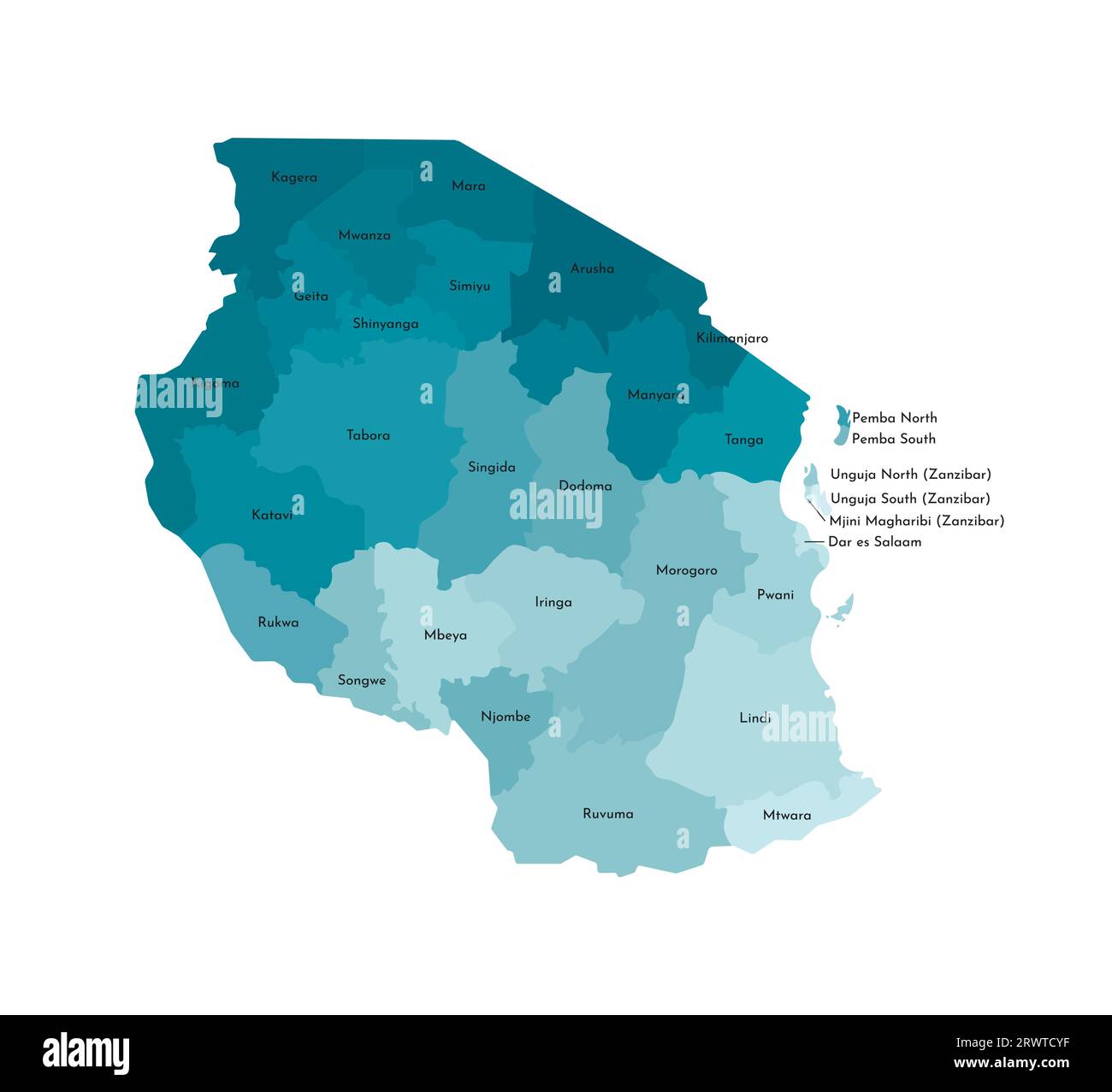 Vector isolated illustration of simplified administrative map of Tanzania. Borders and names of ...