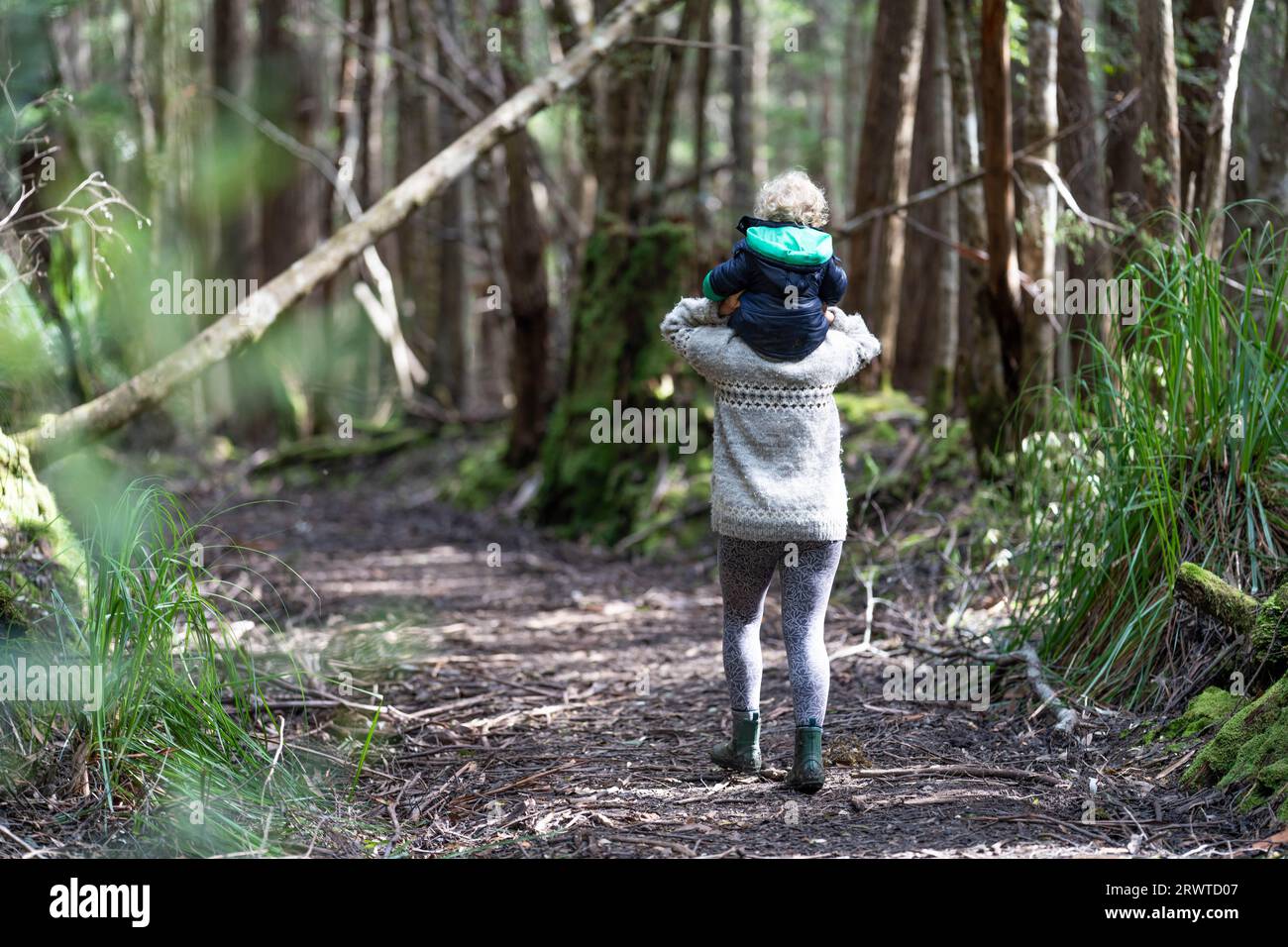 mother giving child a piggyback ride in the forest Stock Photo - Alamy