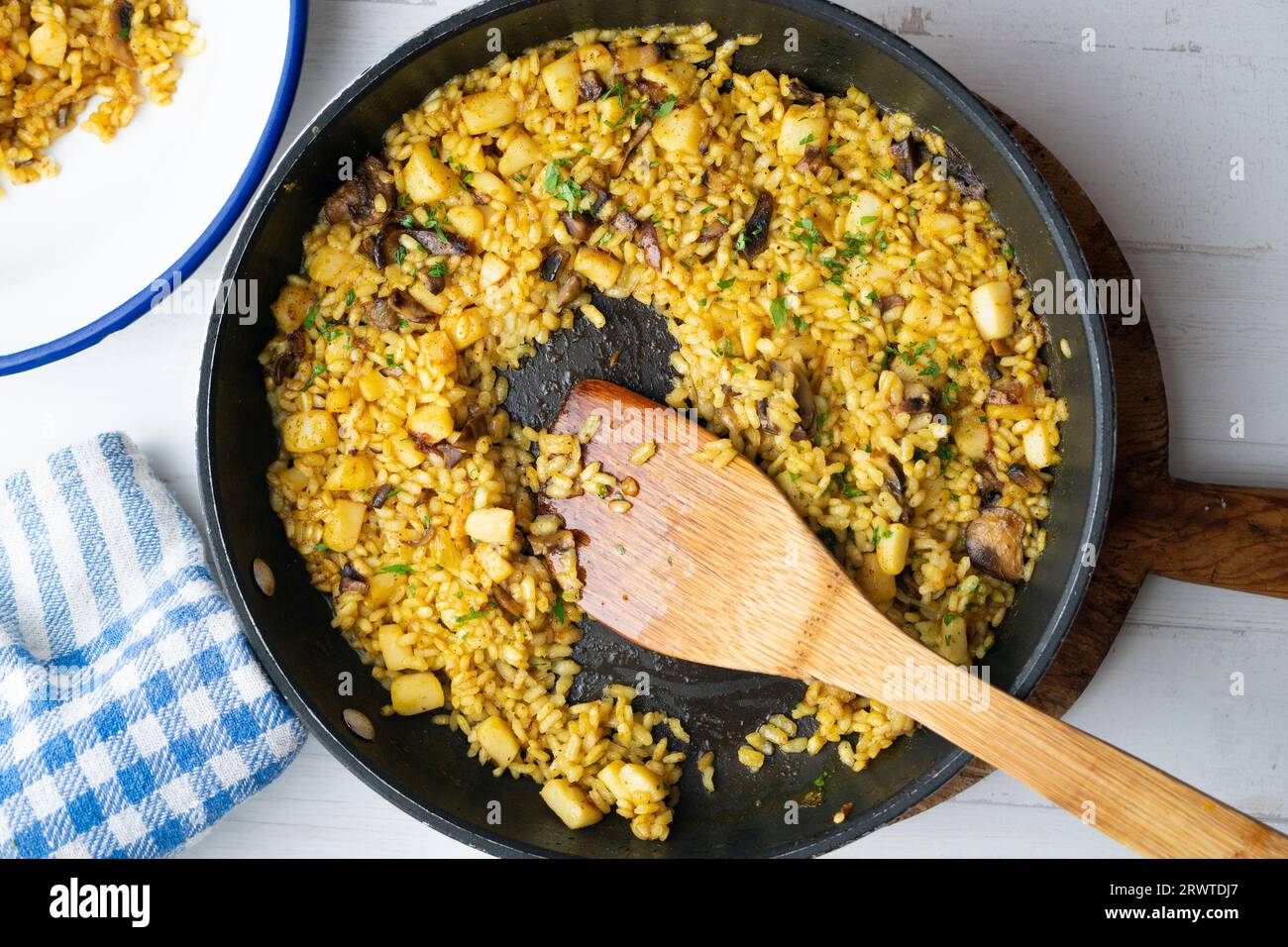 Rice paella with fish and cuttlefish, traditional Spanish recipe Stock ...