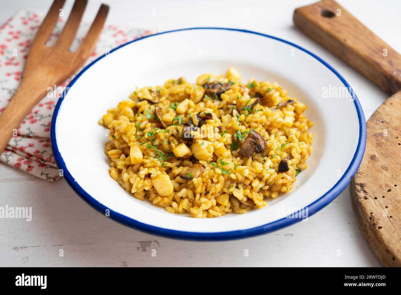 Rice paella with fish and cuttlefish, traditional Spanish recipe Stock ...