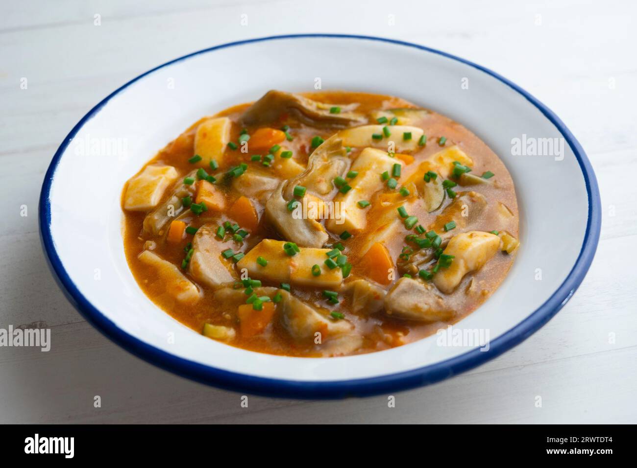 Strips of squid stewed with potatoes, vegetables and broth Stock Photo ...