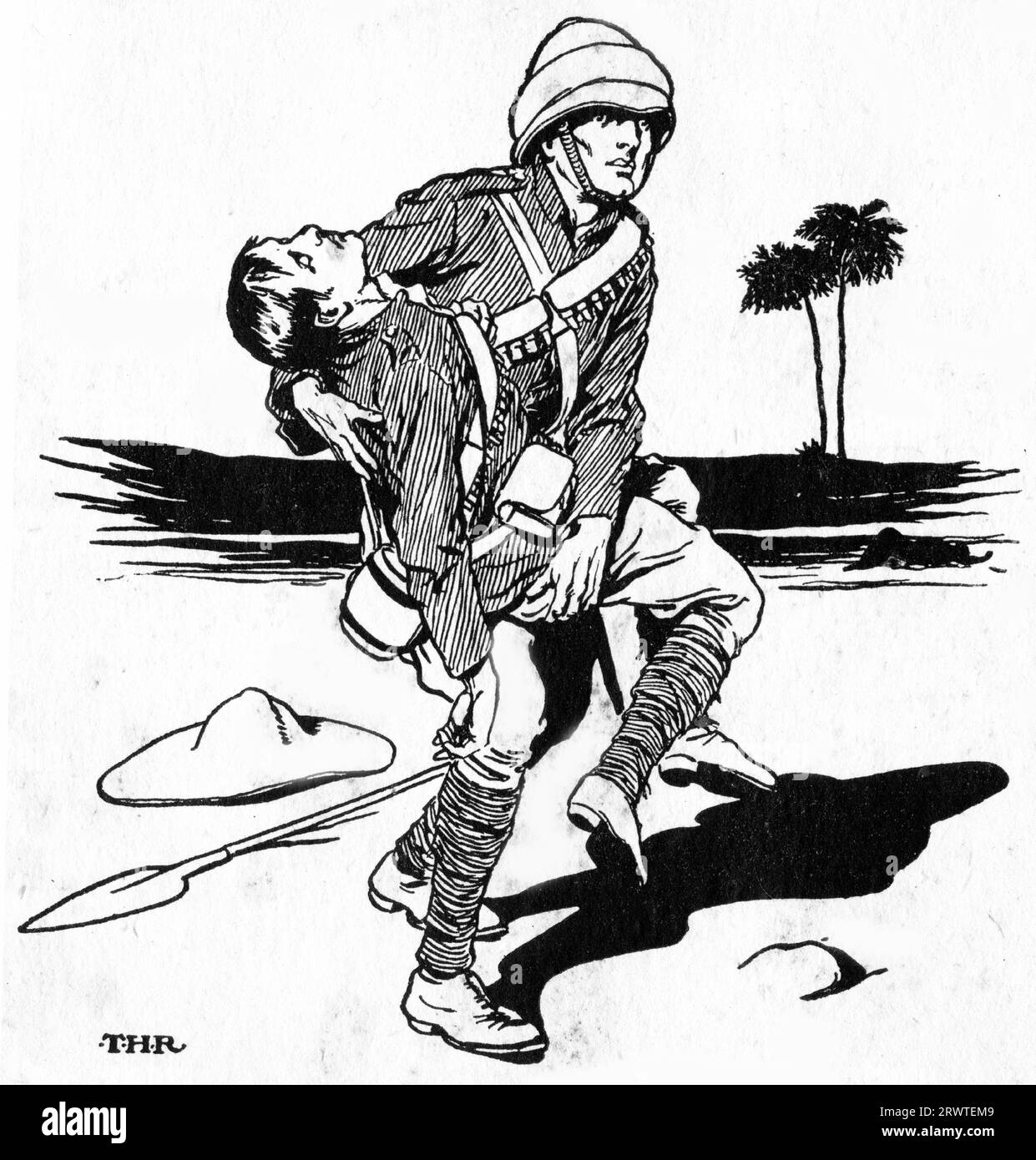 Illustration of a British soldier carrying a wounded comrade on an ...