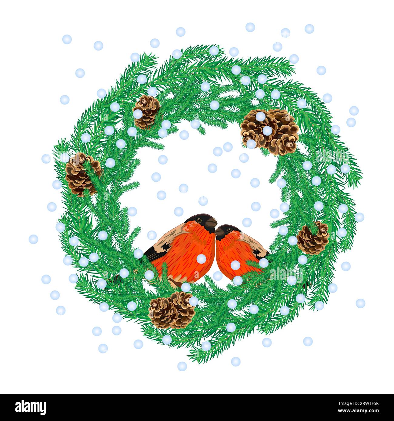Christmas wreath with red birds and snowflakes isolated on white ...