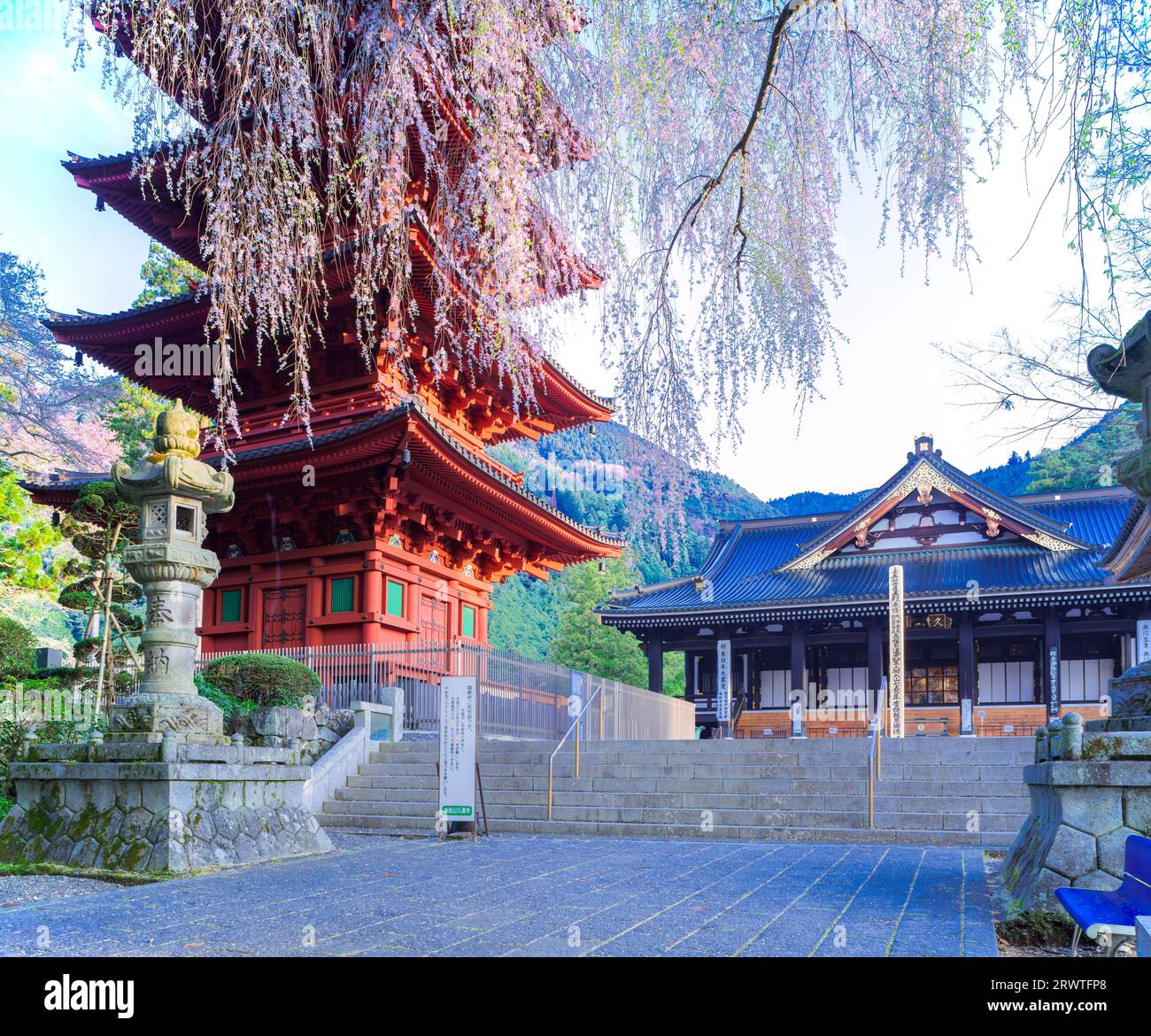 The main hall and five-storied pagoda of Kuonji Temple at Minobu-san ...