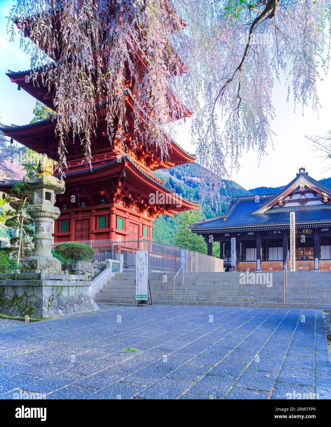 The main hall and five-storied pagoda of Kuonji Temple at Minobu-san ...