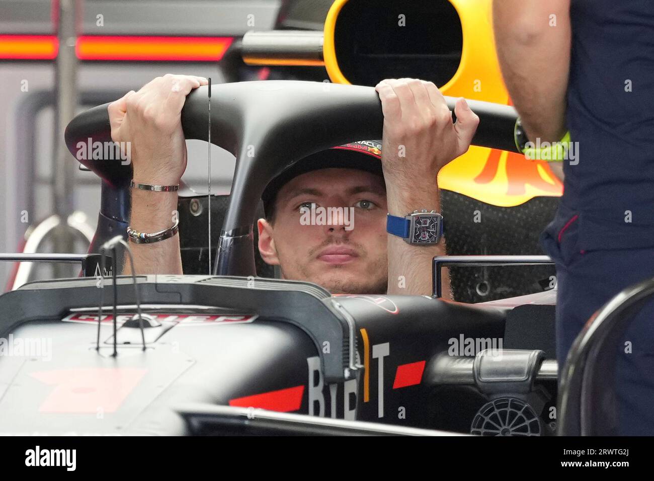 Red Bull driver Max Verstappen of the Netherlands rides on his car at ...