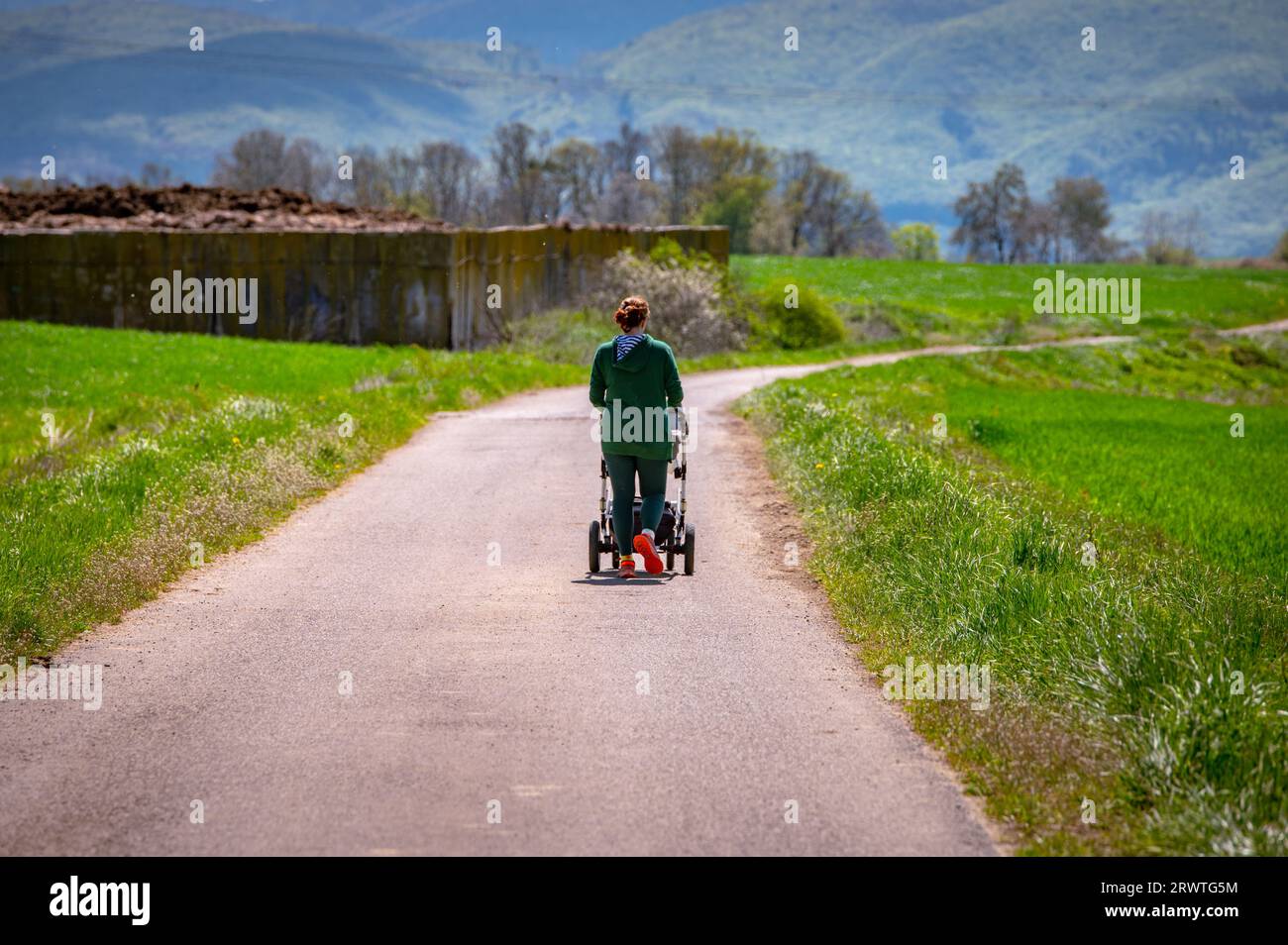 Mom is pushing her little baby in a stroller in a beautiful spring ...