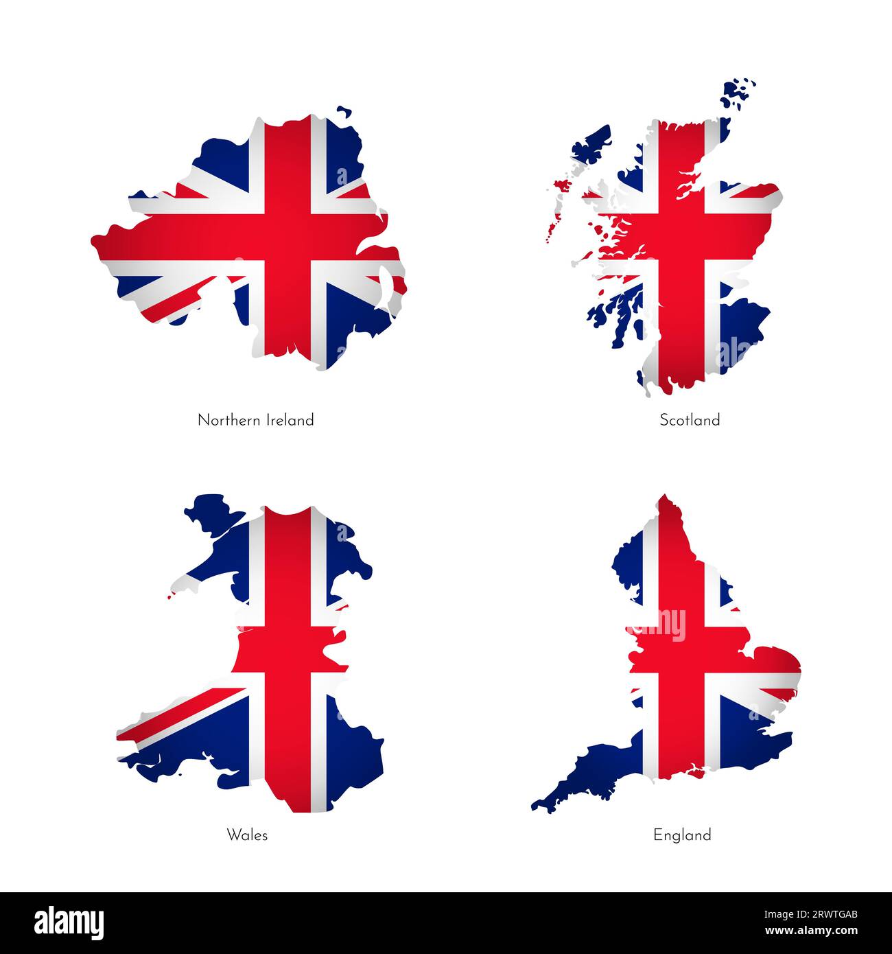 Vector illustrations with simplified maps of regions of United Kingdom (Scotland, England ...