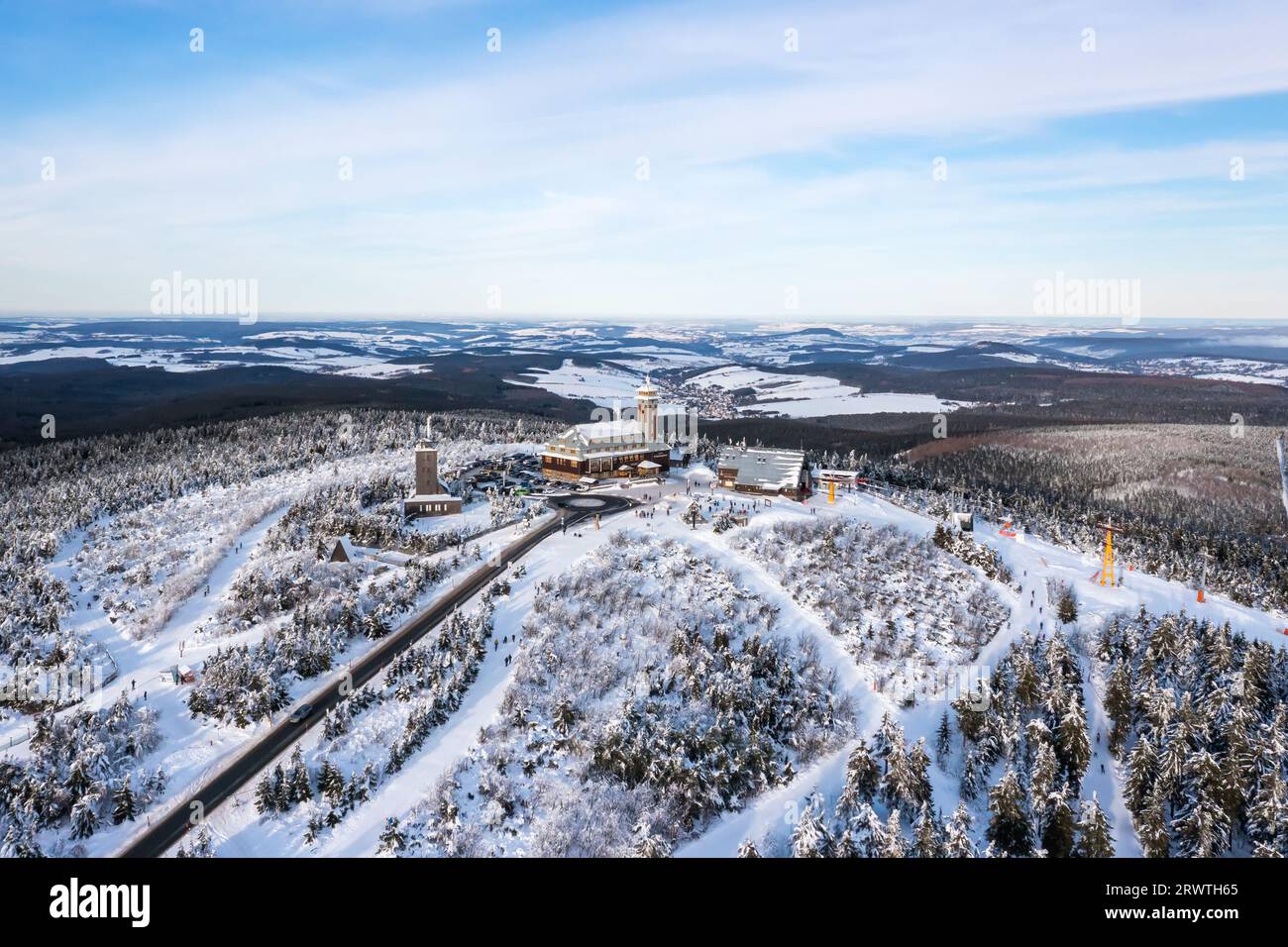 Fichtelberg highest mountain in Erzgebirge in winter snow aerial view ...