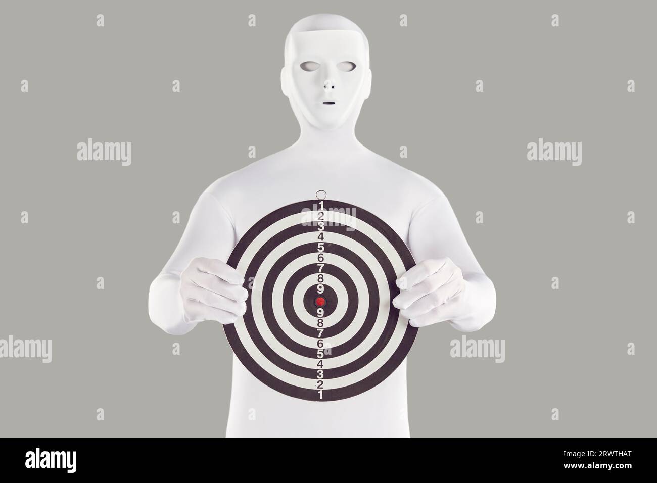 Faceless unrecognizable person wearing white spandex costume and mask ...