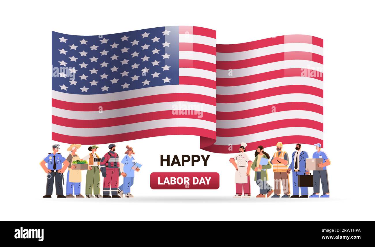 different occupation people with american flag diverse workers of ...
