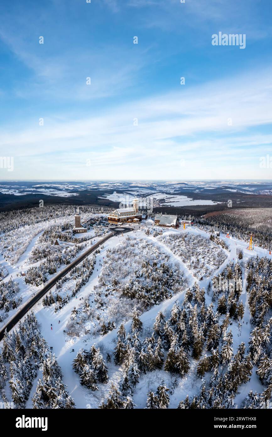Fichtelberg highest mountain in Erzgebirge in winter snow aerial view ...