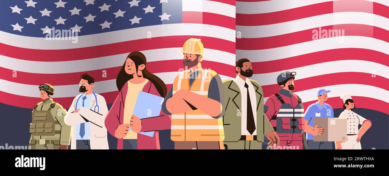 different occupation people with american flag diverse workers of ...