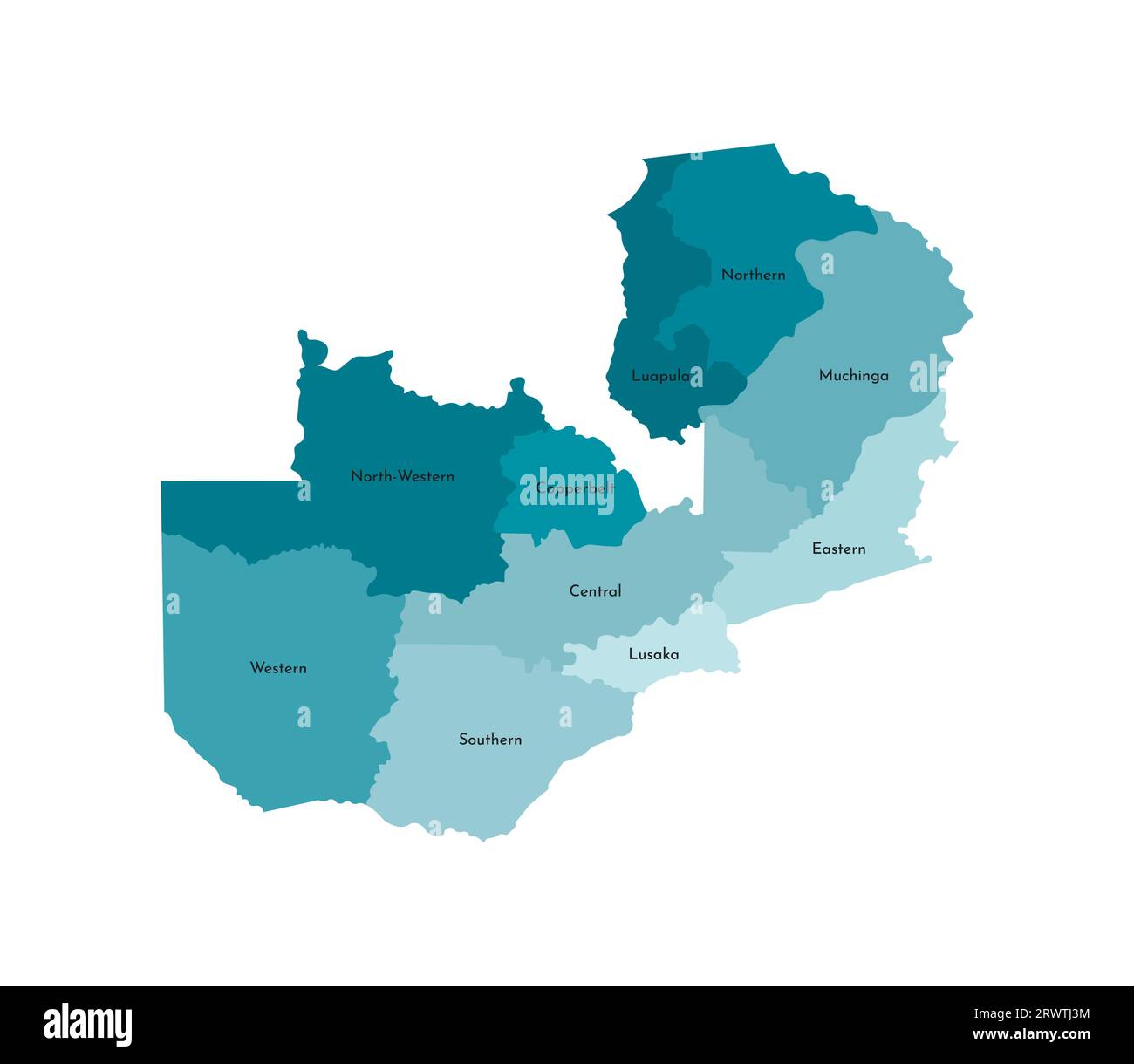 Vector isolated illustration of simplified administrative map of Zambia. Borders and names of ...