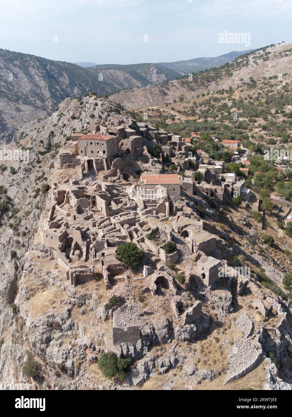An aerial view of medieval abandoned town built on a rocky hill in ...