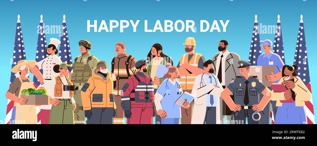 different occupation people with american flag diverse workers of ...