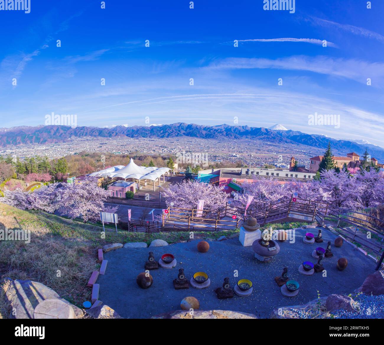 Yamanashi Landscapes Cherry blossoms and Kofu Basin, distant view of Mt ...