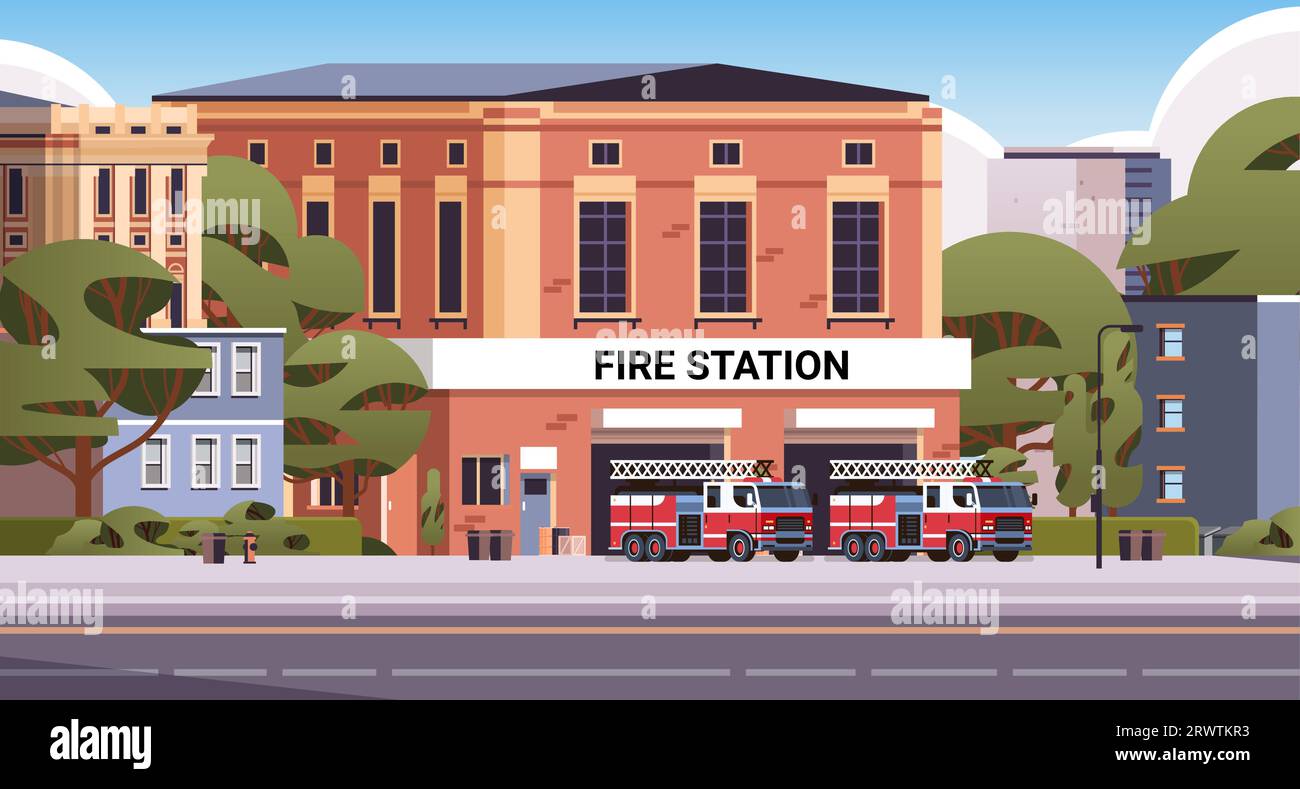 Fire station building fire department house facade and red emergency ...