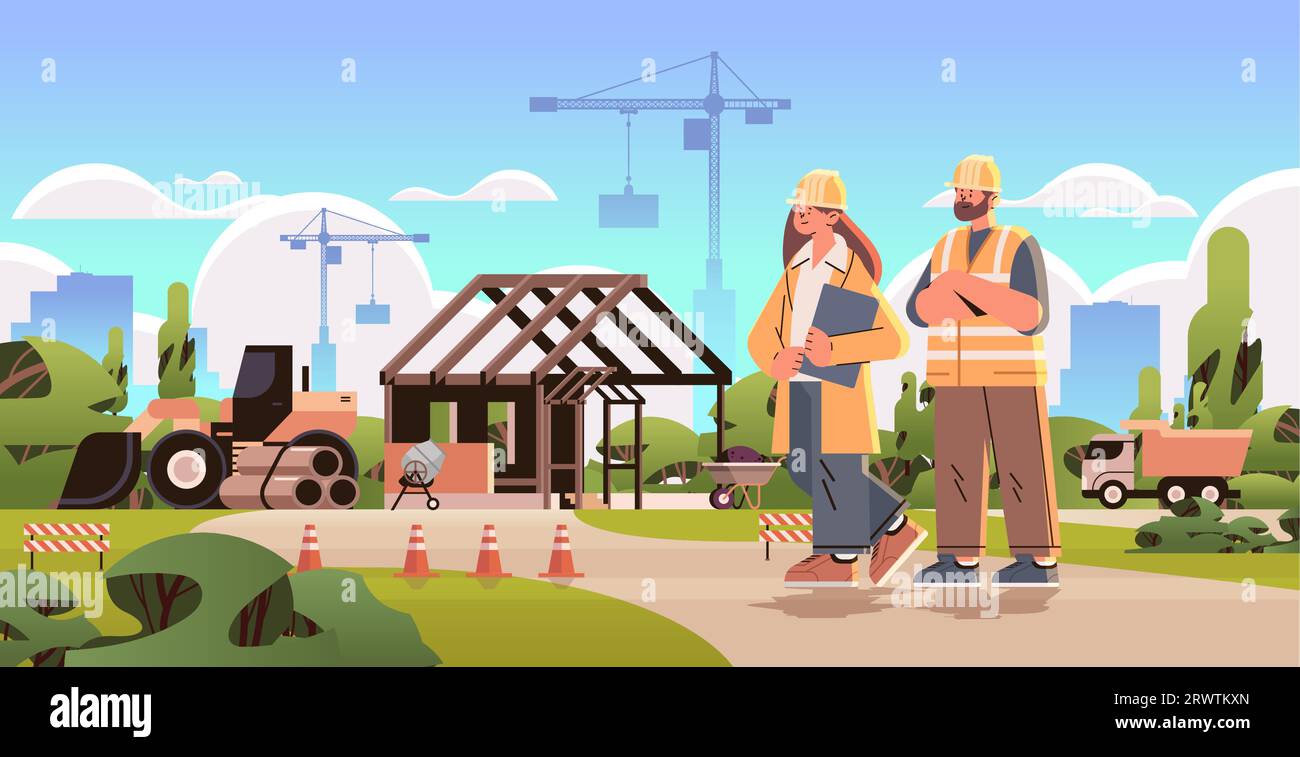 architect and engineer in uniform discussing project during meeting ...