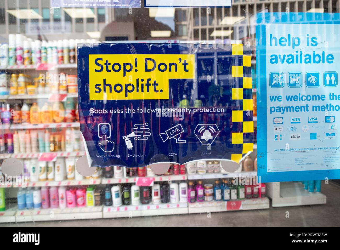 LONDON- SEPTEMBER, 18, 2023: 'Stop, Dont Shoplift' sign on Boots shop ...