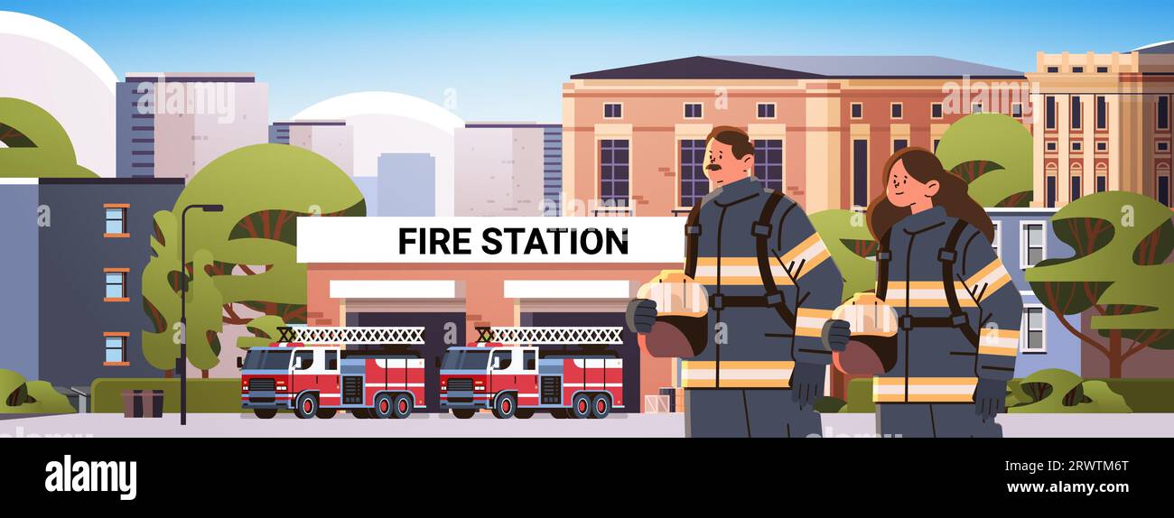 firefighters in uniform standing near fire station building department ...