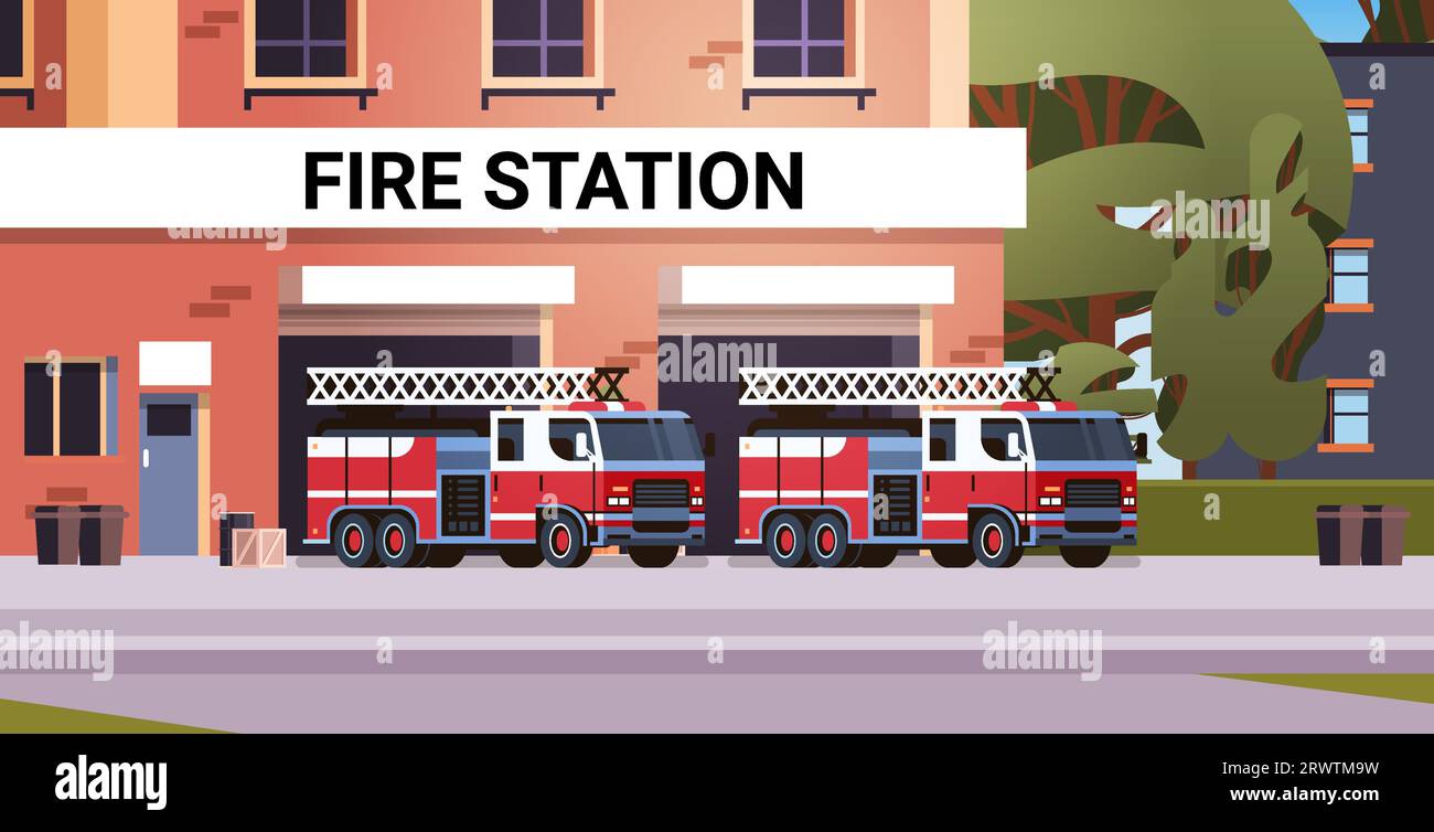 Fire station building fire department house facade and red emergency ...