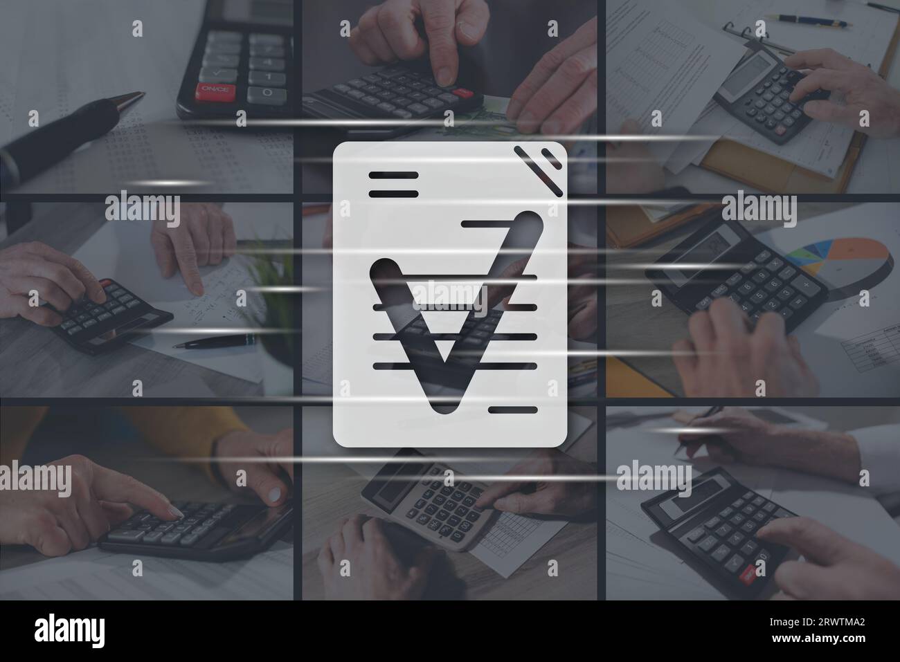 Document validation concept illustrated by pictures on background Stock ...