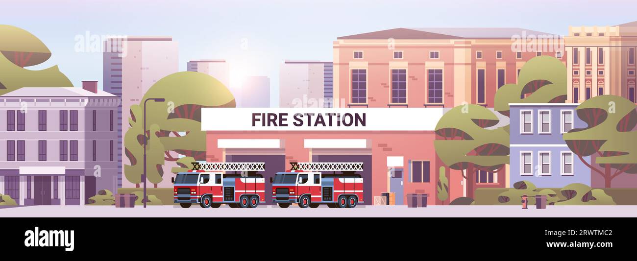 Fire station building fire department house facade and red emergency ...