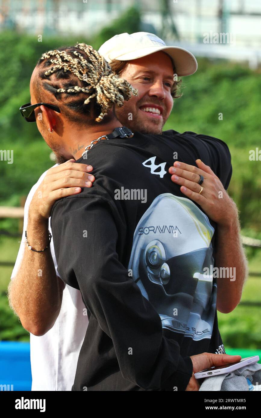 Suzuka, Japan. 21st Sep, 2023. (L to R): Lewis Hamilton (GBR) Mercedes ...