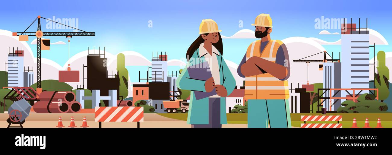 architect and engineer in uniform discussing project during meeting ...