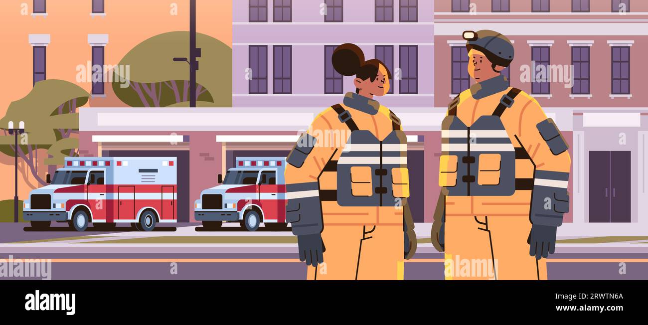 firefighters in uniform standing near fire station building department ...