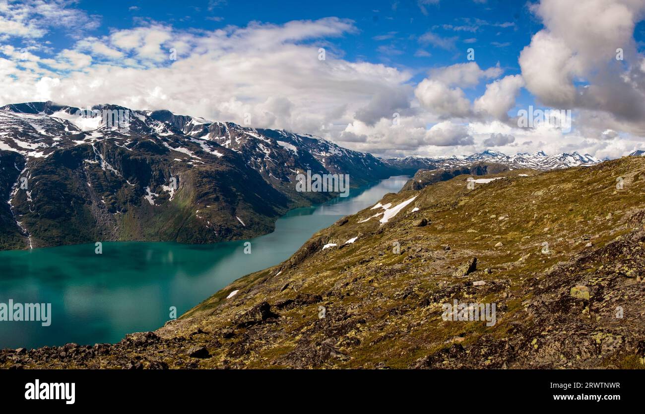 The oligotroph mountain lake Gjende on the hike route over the famous ...