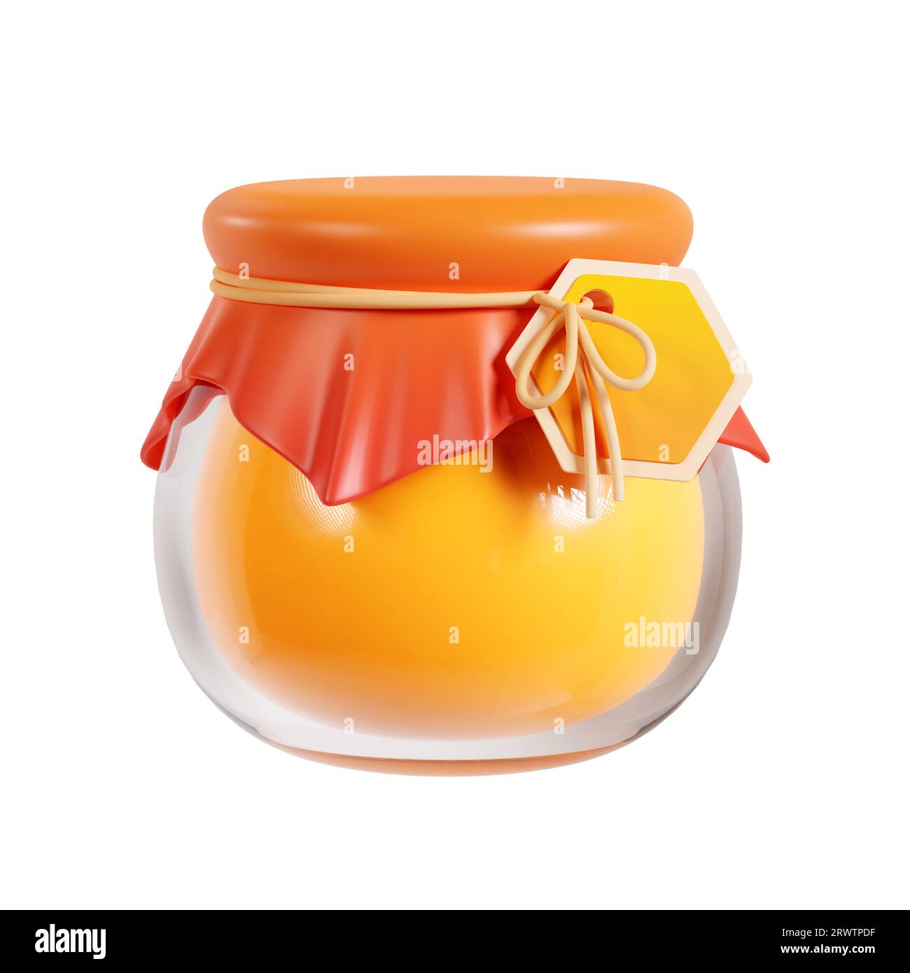 Glass jar with honey, cloth cap and hexagon honeycomb label. 3d render ...