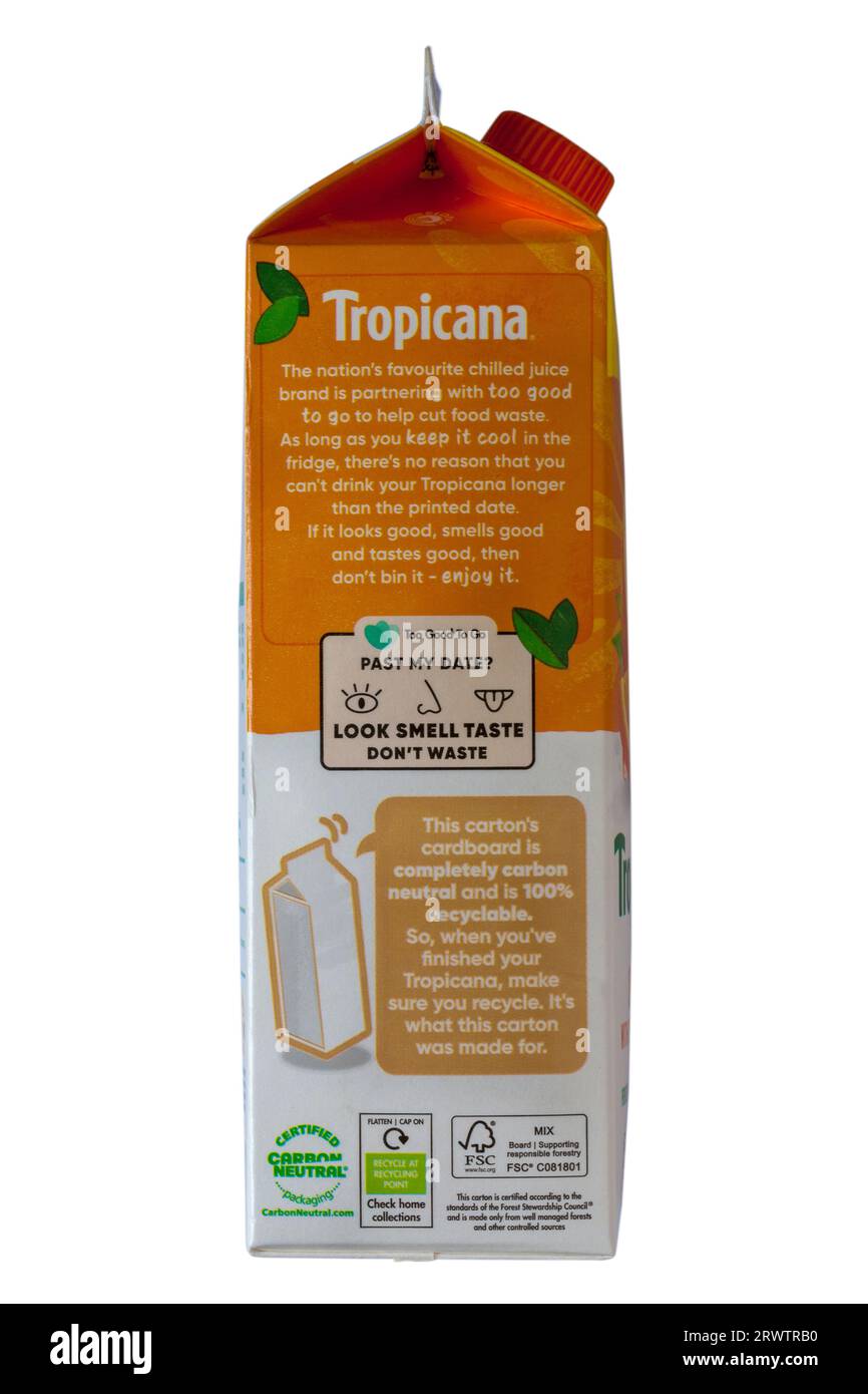 information on carton of Tropicana Orange with extra juicy bits ...