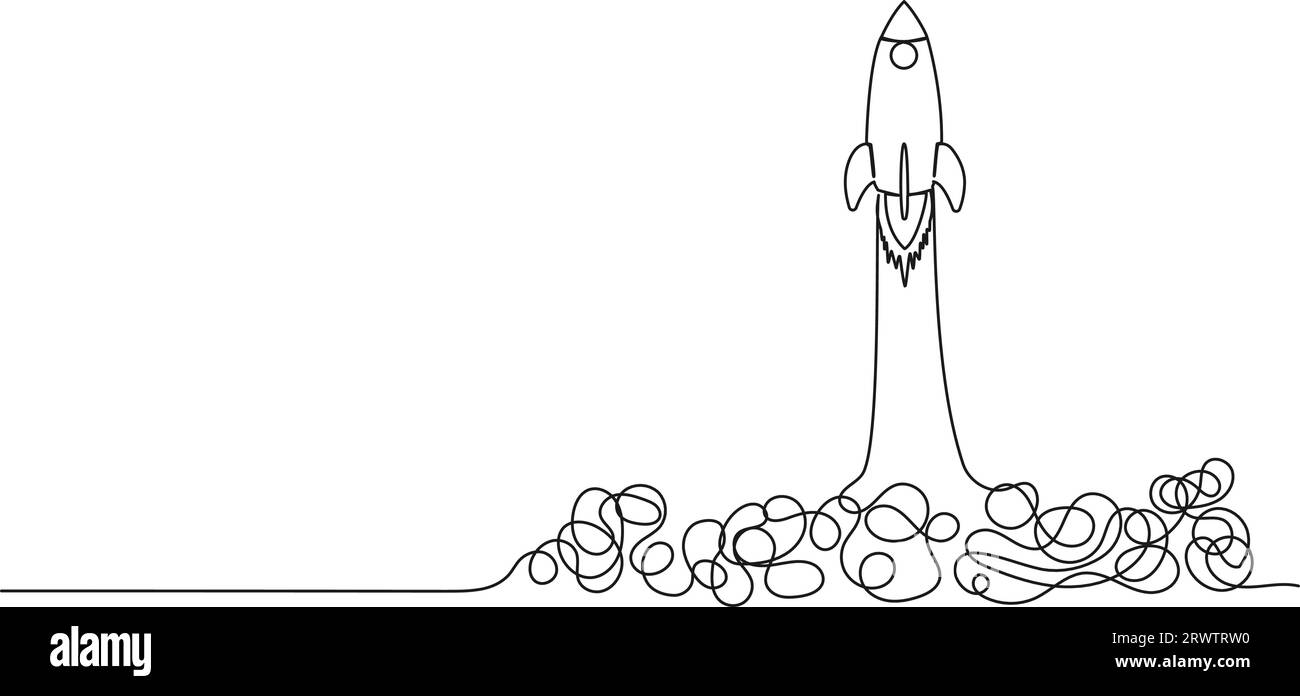 continuous single line drawing of rocket spaceship takeoff, rocket ...