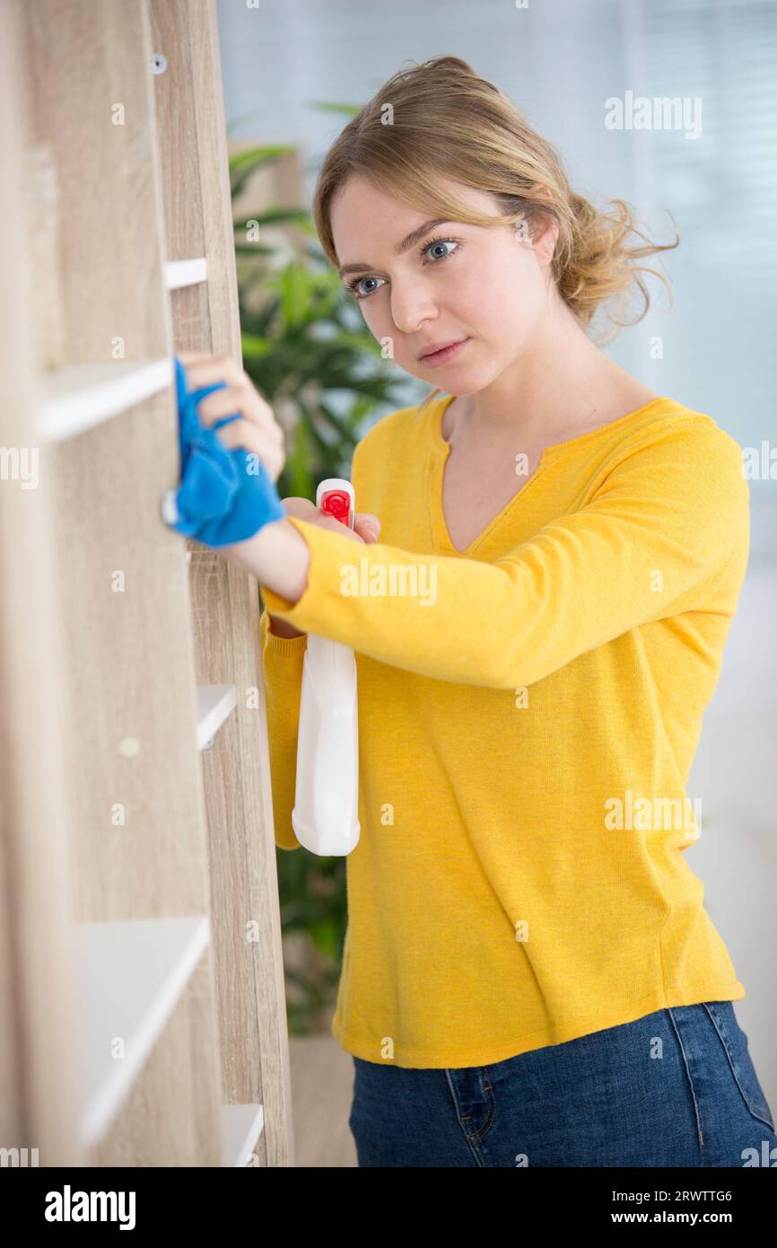 a woman is dusting shelving unit Stock Photo - Alamy
