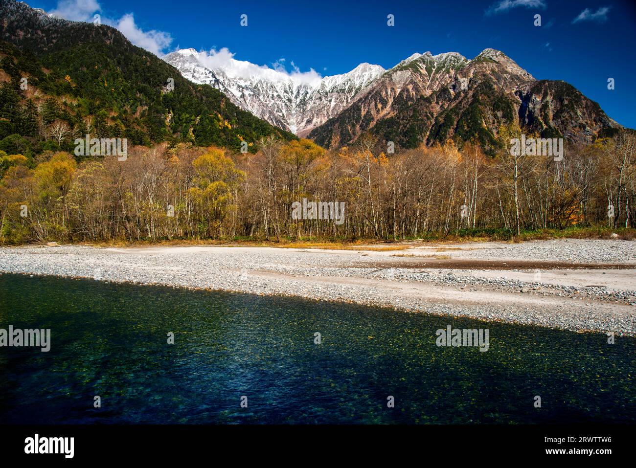 Azusa River and Hotaka mountain range in Kamikochi Stock Photo - Alamy
